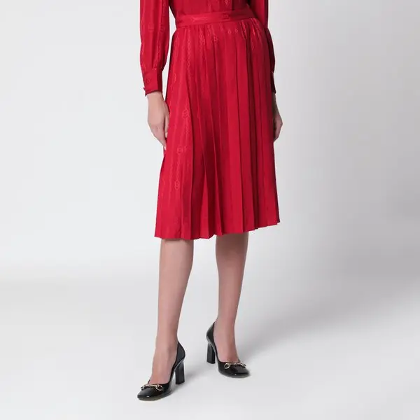 Gucci Pleated Silk Jacquard Midi Skirt With Gg Chain - Red