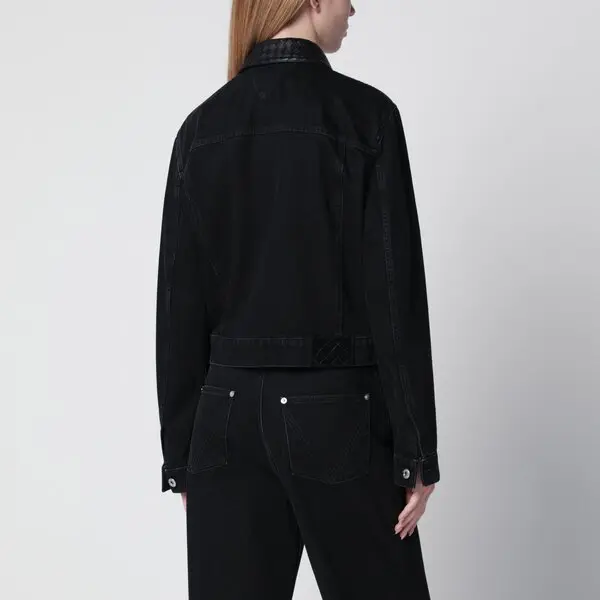 Bottega Veneta Denim Jacket With Intrecciato Leather Collar - Black
