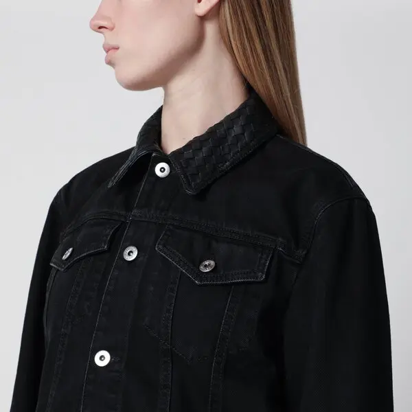 Bottega Veneta Denim Jacket With Intrecciato Leather Collar - Black