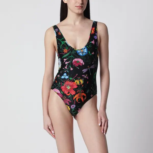 Gucci Sparkling Jersey One-piece Swimsuit With Flora Print - Multicolor