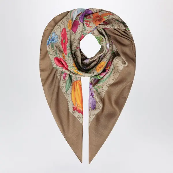 Gucci Wool And Silk Shawl With Flora And Gg Print In Shell - Multicolor
