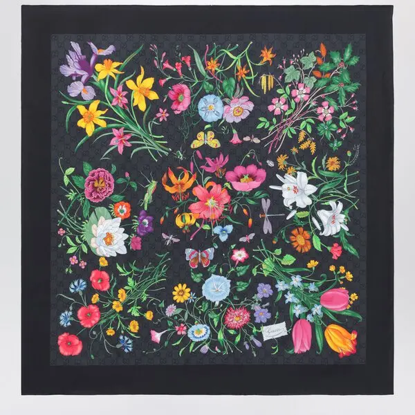 Gucci Silk Twill Carré With Gg Flora Print - Black