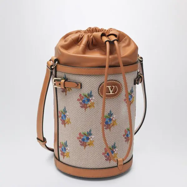 Valentino Garavani Canvas Bucket Bag With Floral Embroidery - Beige