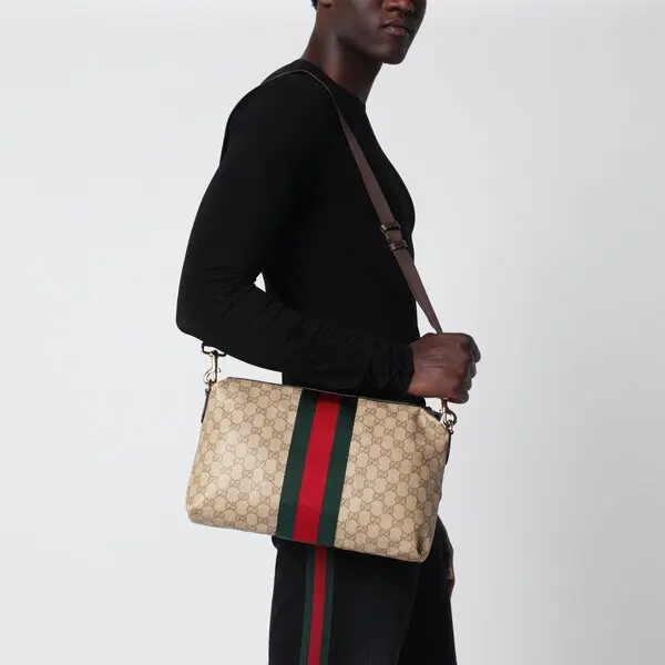 Gucci Medium Gg Crossbody Bag In Coated Fabric With Web Stripe
