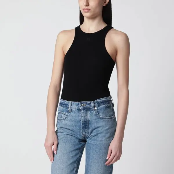 ANINE BING Ribbed Tank Top With Embroidered Logo - Black