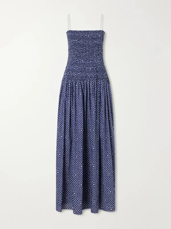 Matteau Shirred Printed Cotton Midi Dress - Blue