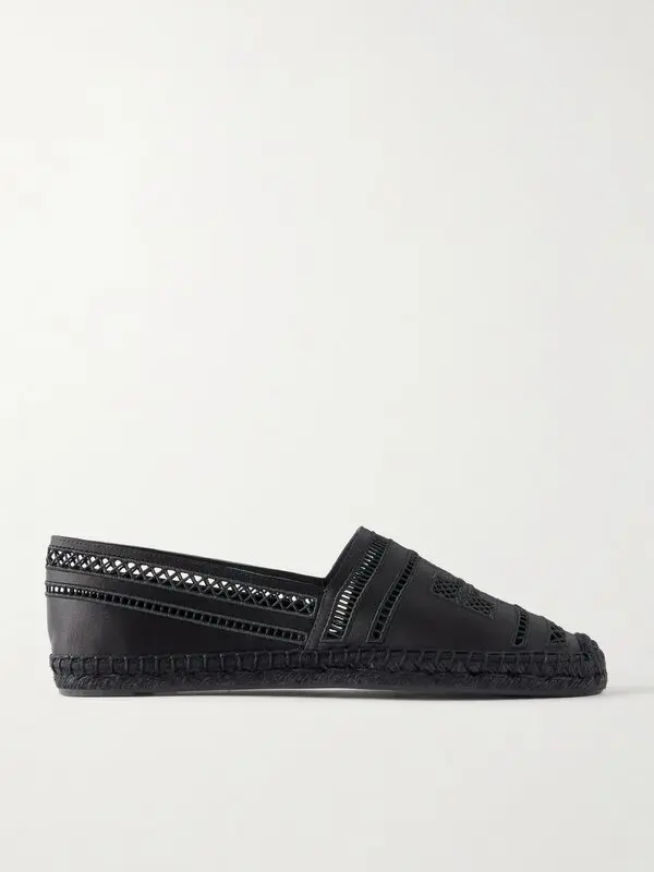 Tory Burch Open Weave Embroidered Satin Espadrilles - Black