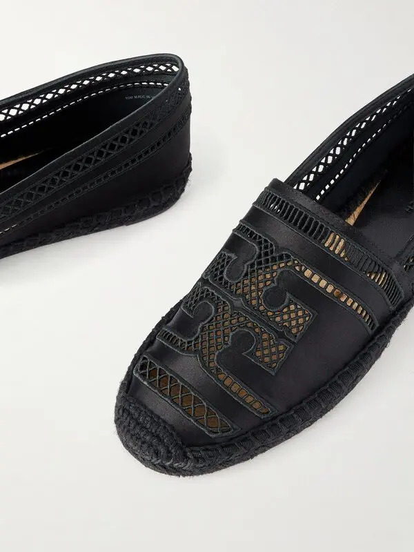 Tory Burch Open Weave Embroidered Satin Espadrilles - Black