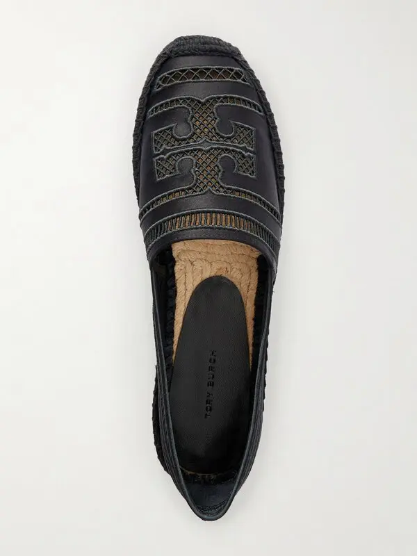 Tory Burch Open Weave Embroidered Satin Espadrilles - Black