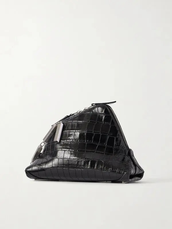 Attico La Scala Asymmetric Croc-effect Leather Clutch With Chain Strap - Black