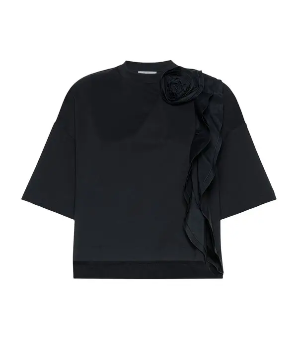 Max Mara Cotton T-shirt With Floral Appliqu - Navy