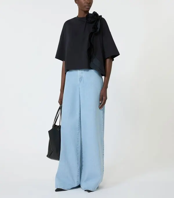 Max Mara Cotton T-shirt With Floral Appliqu - Navy