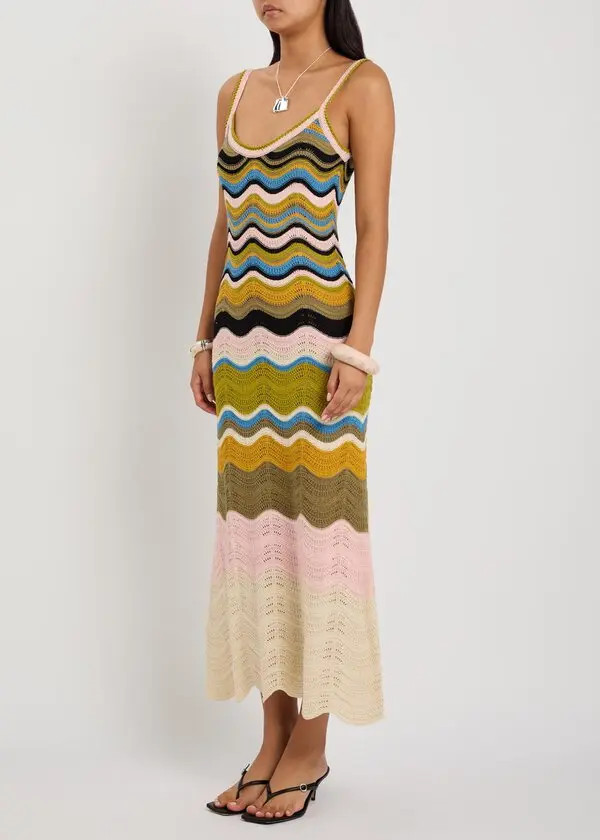 La DoubleJ Chevron Pointelle-knit Cotton Midi Dress