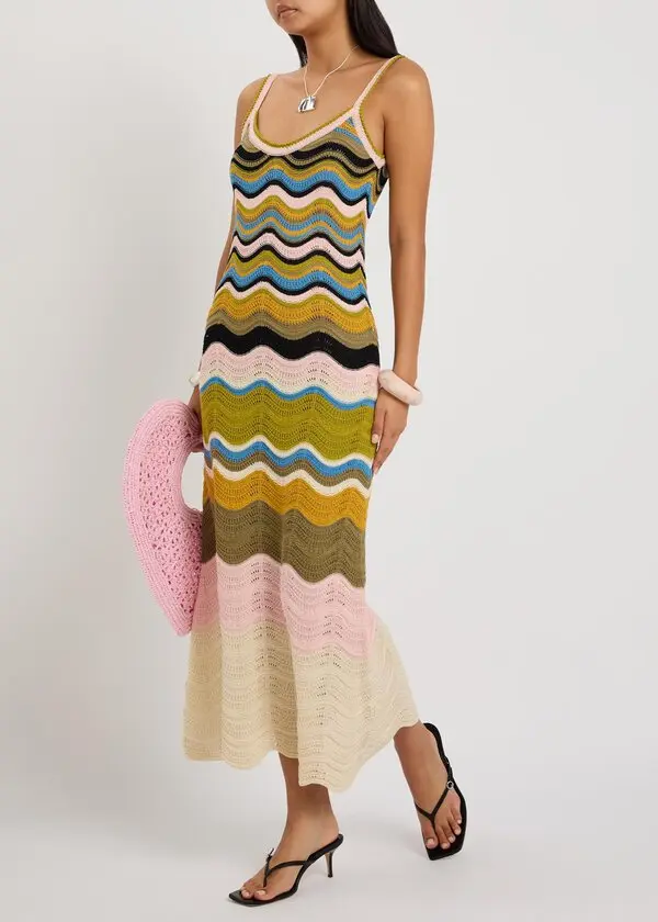 La DoubleJ Chevron Pointelle-knit Cotton Midi Dress