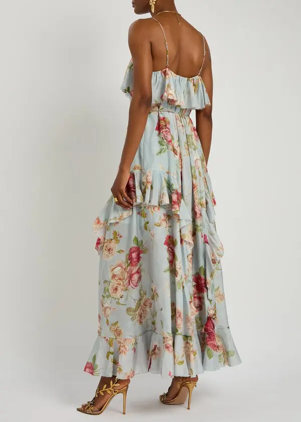 Zimmermann Roselight Floral-print Ruffled Silk Maxi Dress - Blue
