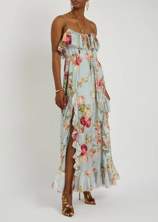 Zimmermann Roselight Floral-print Ruffled Silk Maxi Dress - Blue