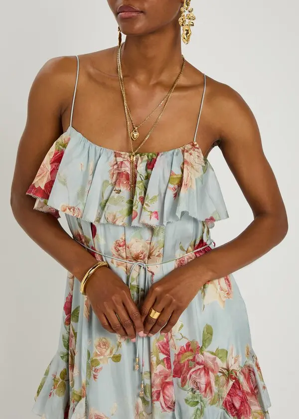 Zimmermann Roselight Floral-print Ruffled Silk Maxi Dress - Blue