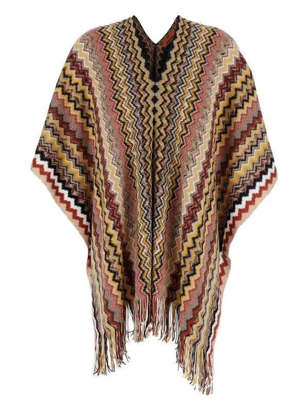 Missoni Zigzag Pattern Wool Poncho With Fringed Hem