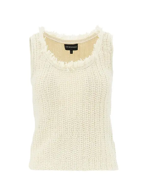 Emporio Armani Cotton Blend Tank Top With Fringed Trim - White