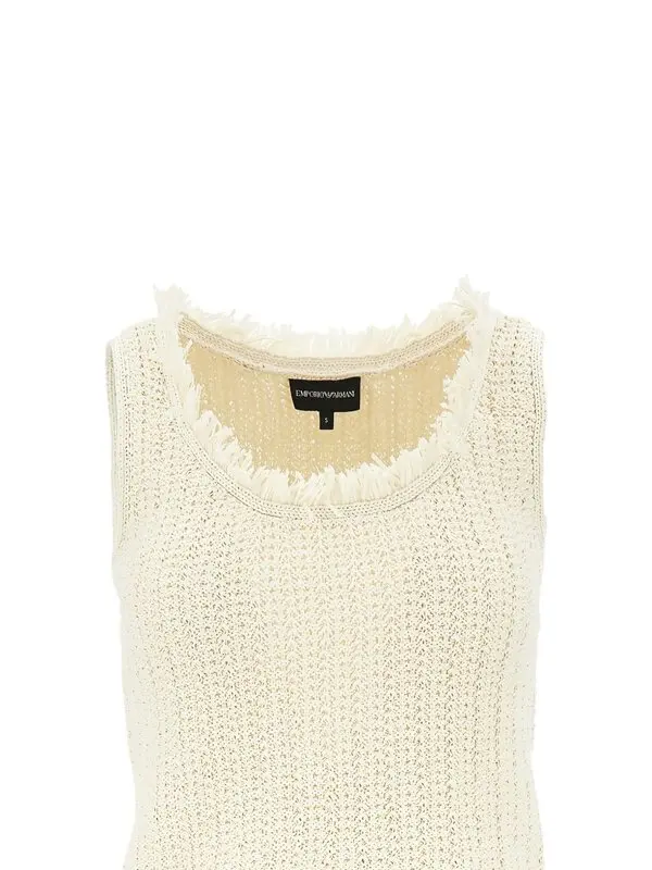 Emporio Armani Cotton Blend Tank Top With Fringed Trim - White