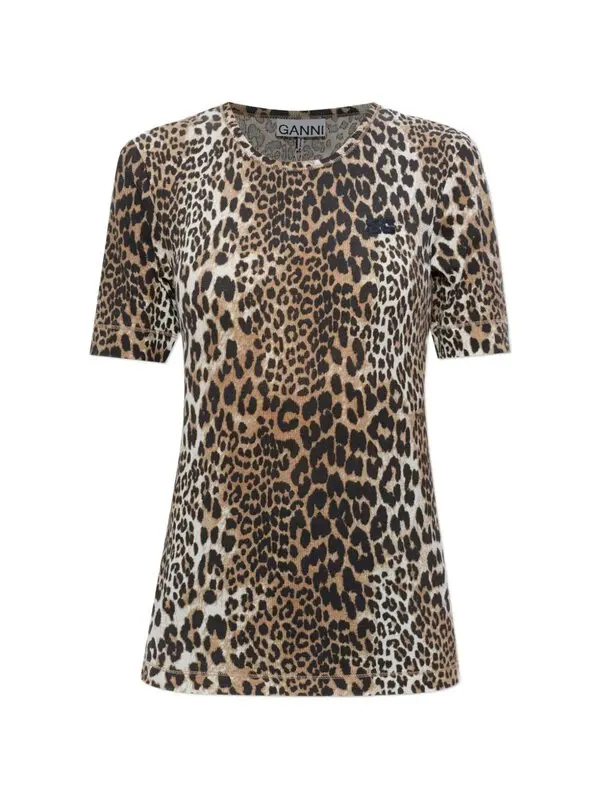 GANNI Leopard Print Logo Appliqué Cotton T-shirt - Multi