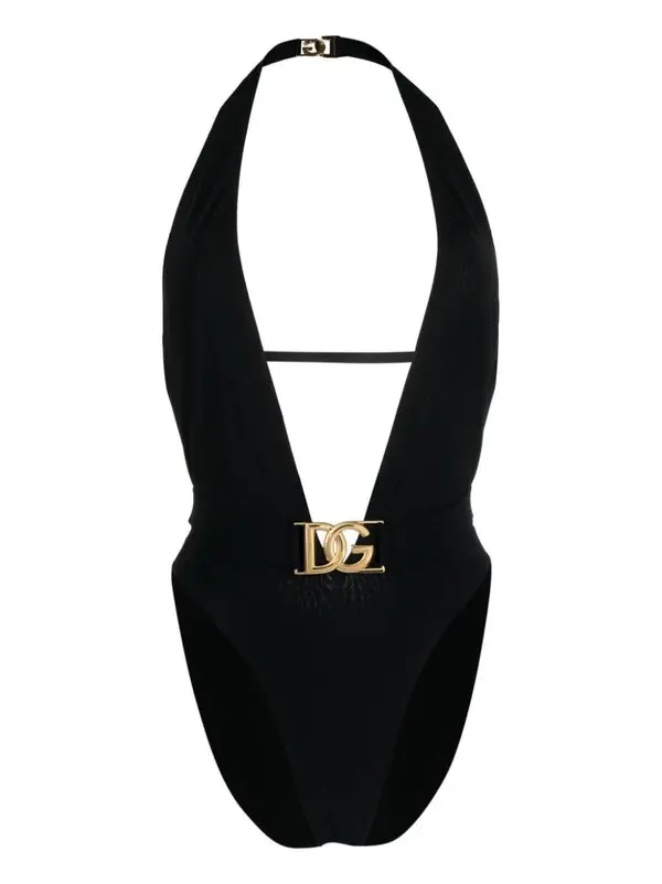 Dolce & Gabbana Halterneck Plunge One-piece Swimsuit With Logo Detail - Black