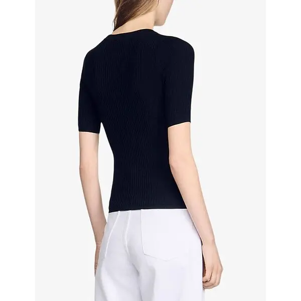 Sandro Button-placket Short-sleeve Ribbed Jumper - Black