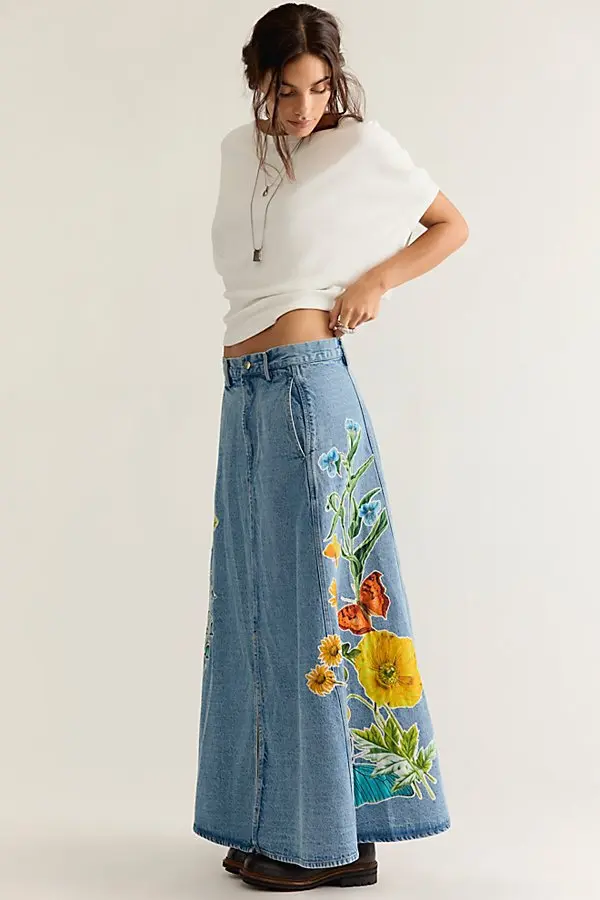DENIM AND BONE Floral Denim Maxi Skirt At