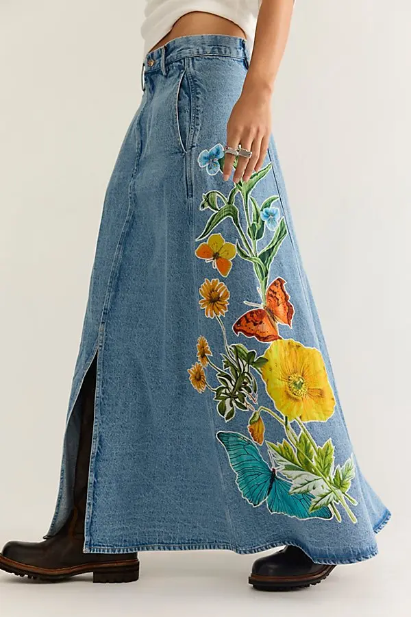 DENIM AND BONE Floral Denim Maxi Skirt At