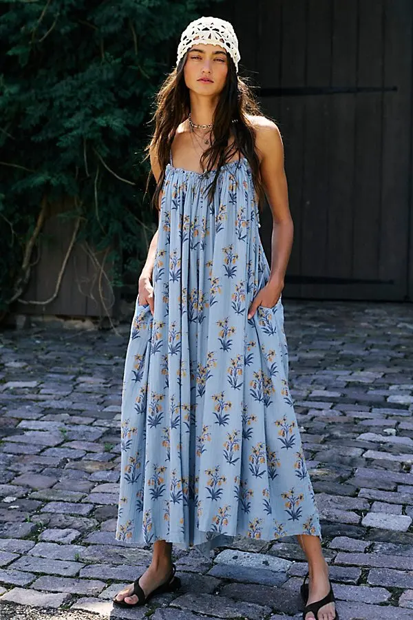 Free People Raffia Blooms Printed Jumpsuit - Raindrop Combo