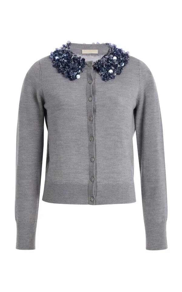 Ulla Johnson Anna Embellished Merino Wool Cardigan - Grey