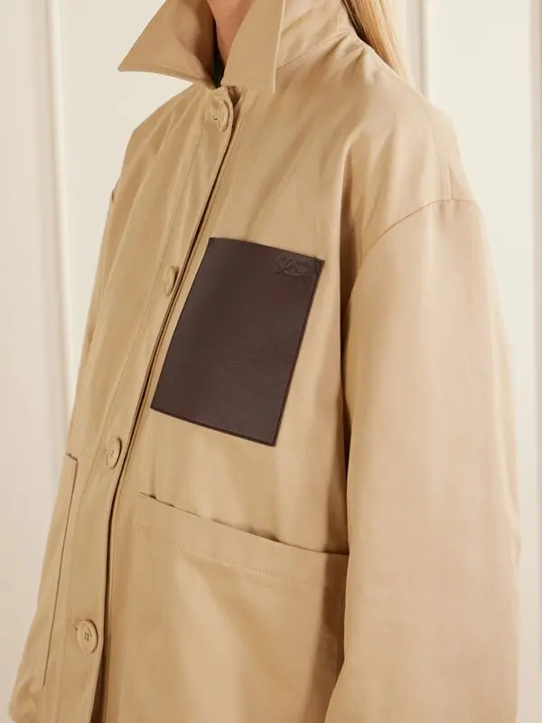 Loewe Logo-embossed Leather-trimmed Cotton-gabardine Jacket - Neutrals