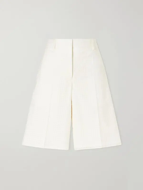 Another Tomorrow Gingham Point D'esprit Wide-leg Shorts - Neutrals