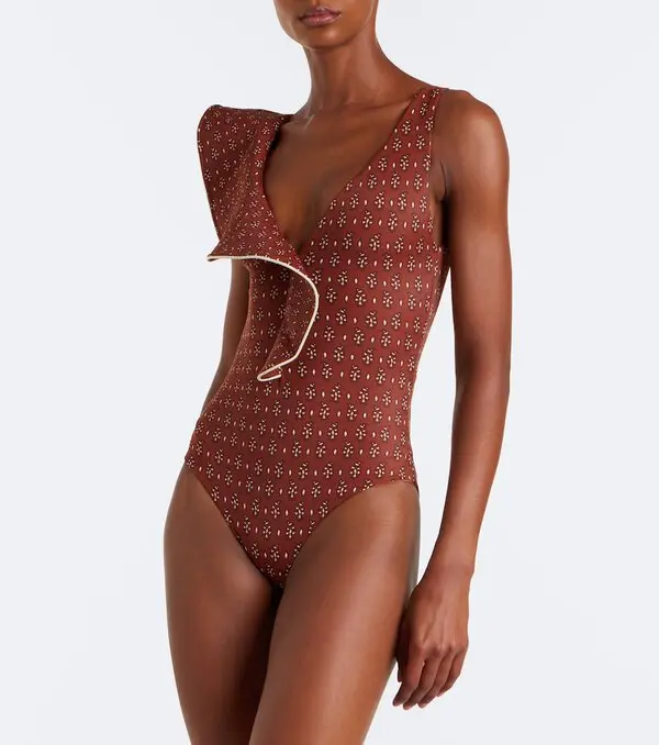 Johanna Ortiz Ruffled Printed One-piece Swimsuit - Brown