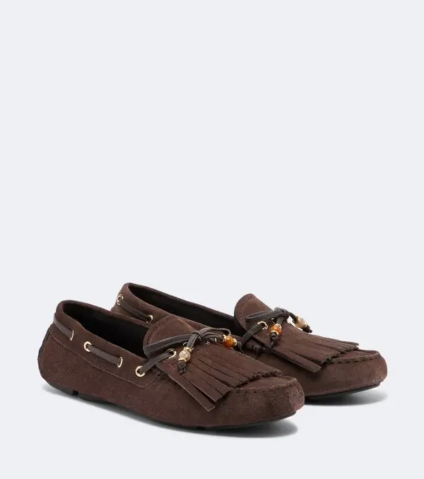 JIMMY CHOO Manon Fringed Suede Boat Shoes - Brown