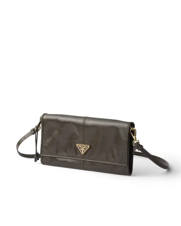 Prada Leather Wallet With Shoulder Strap - Forest