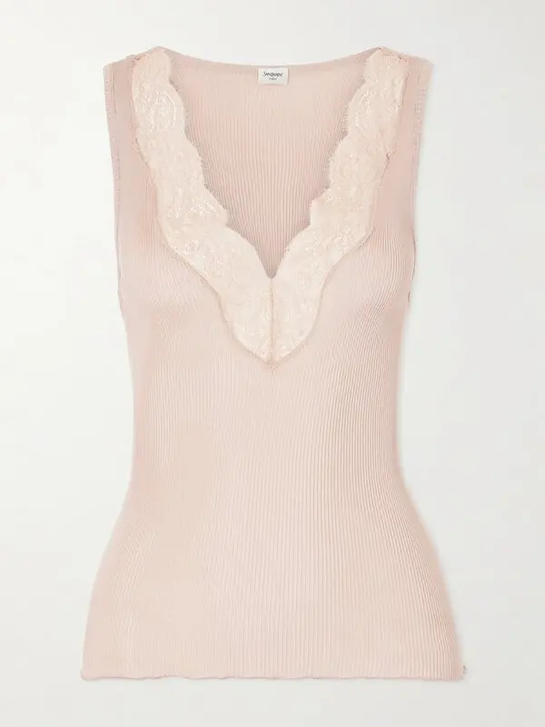Saint Laurent Lace-trimmed Ribbed Silk-jersey Tank - Neutrals