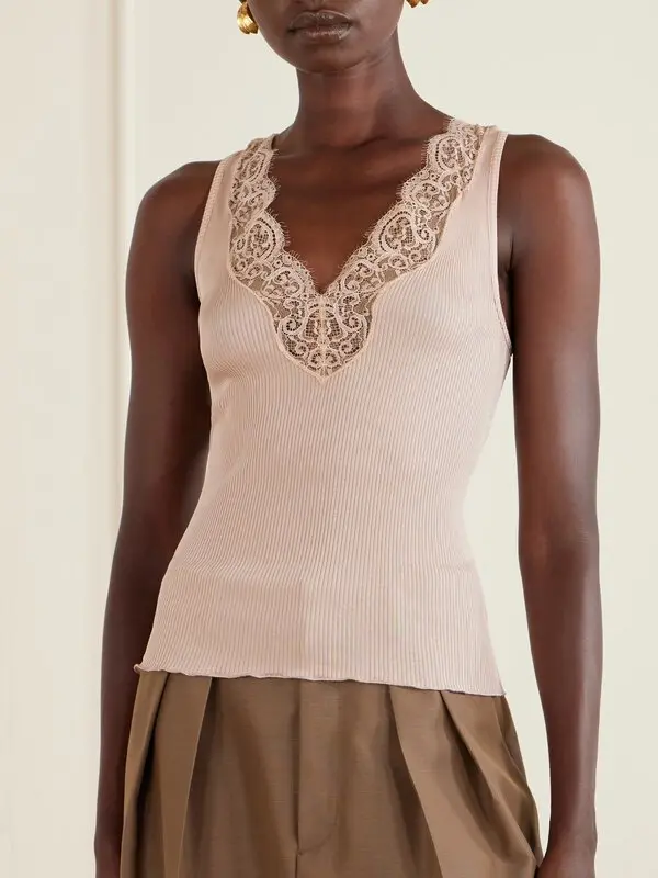 Saint Laurent Lace-trimmed Ribbed Silk-jersey Tank