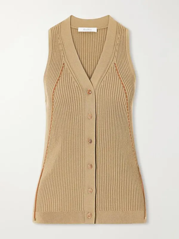 Max Mara Lace-detailed Ribbed Cotton-blend Vest - Brown