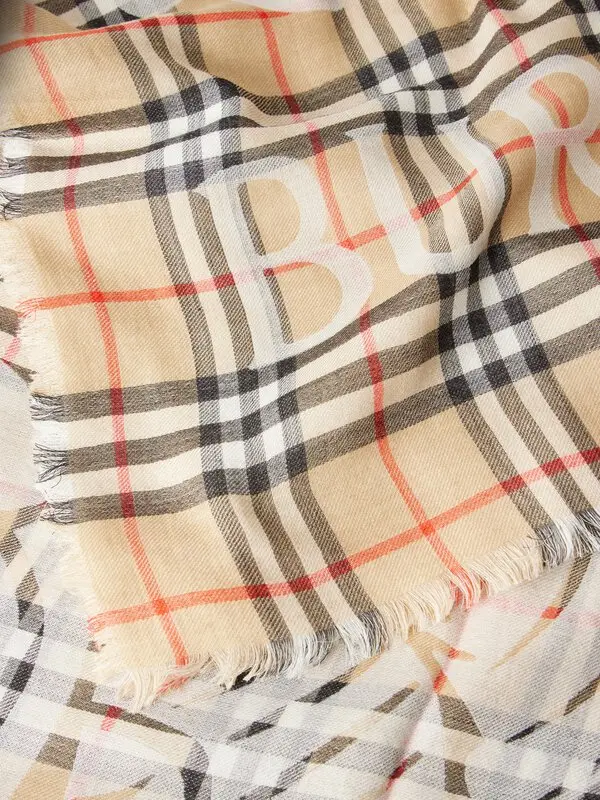 Burberry Frayed Printed Checked Wool And Silk-blend Scarf