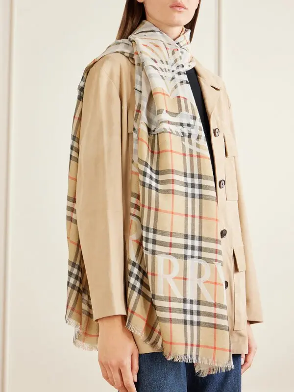 Burberry Frayed Printed Checked Wool And Silk-blend Scarf