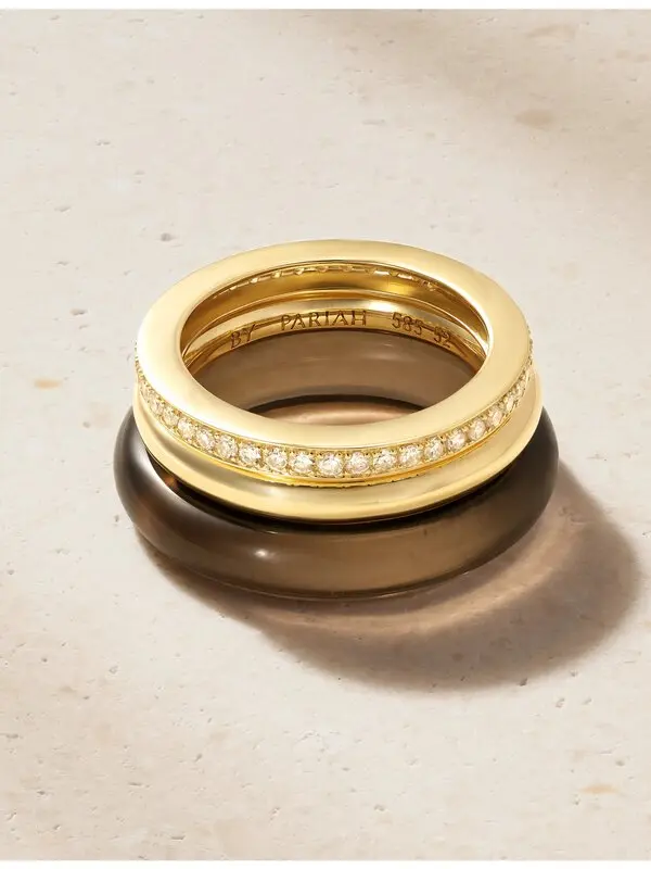 BY PARIAH Set Of Three 14 Karat Gold, Diamond And Smokey Quartz Rings - Brown