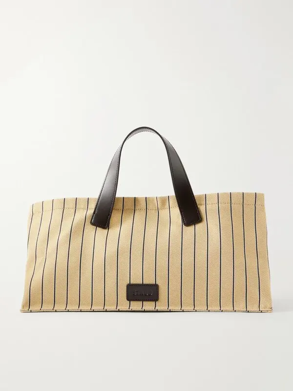 Staud Port' Striped Canvas Tote With Leather Trim