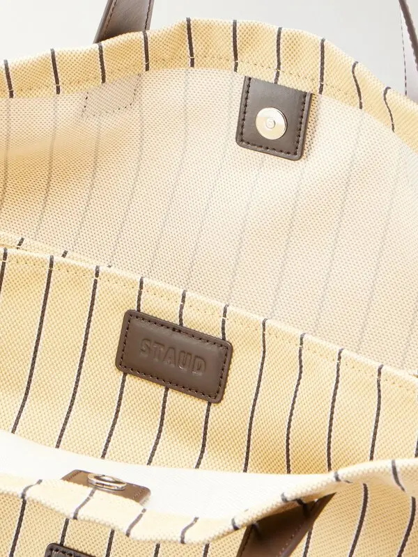 Staud Port' Striped Canvas Tote With Leather Trim