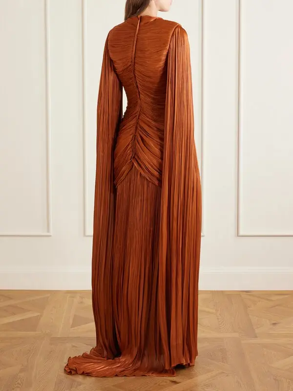 MARMAR HALIM Pleated Satin Gown With Cape Sleeves
