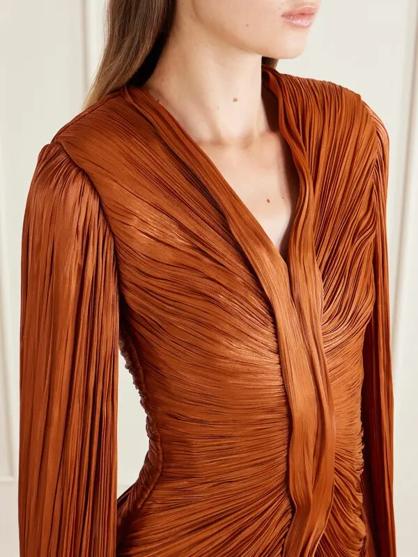 MARMAR HALIM Pleated Satin Gown With Cape Sleeves