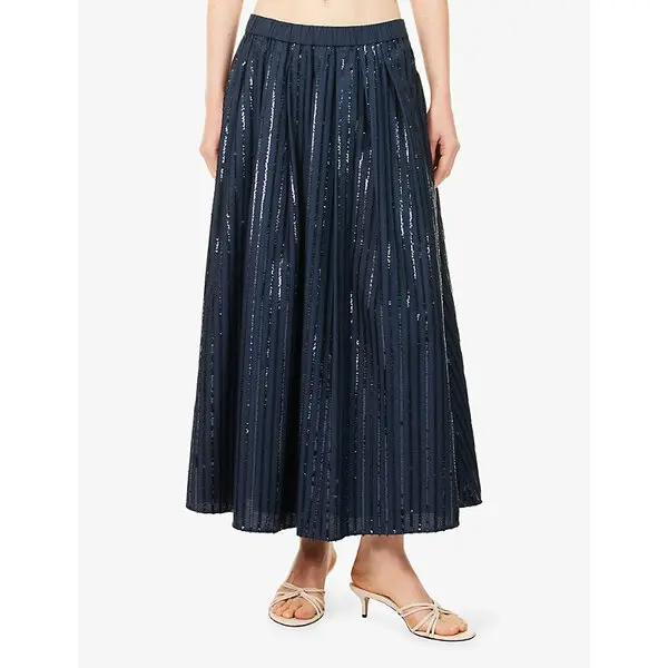 Max Mara Sequin-embroidered Cotton Midi Skirt - Navy