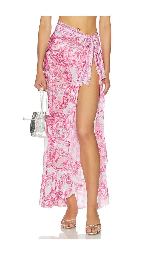 Camilla Long Sarong With Tie Waist And Frill Edge In . Also - Pink