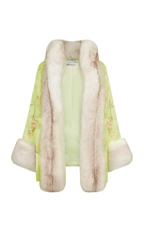 CONNER IVES Demi Couture Fur-trimmed Embroidered Silk-mikado Robe - Multi