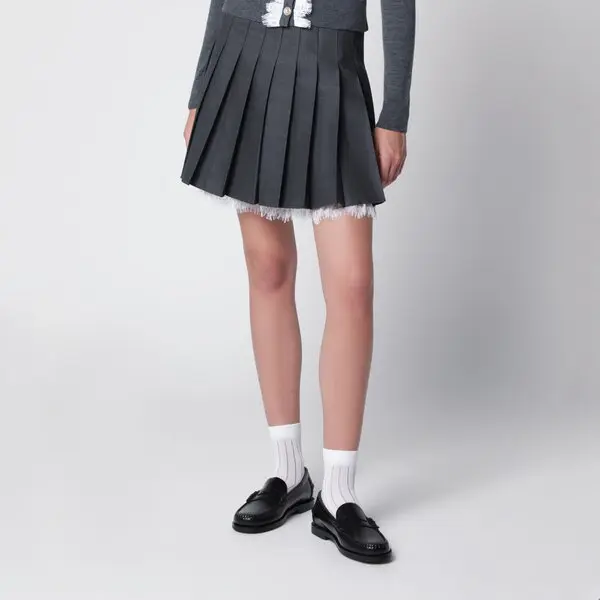 SELF-PORTRAIT Pleated Wool Mini Skirt With Lace Trim - Grey